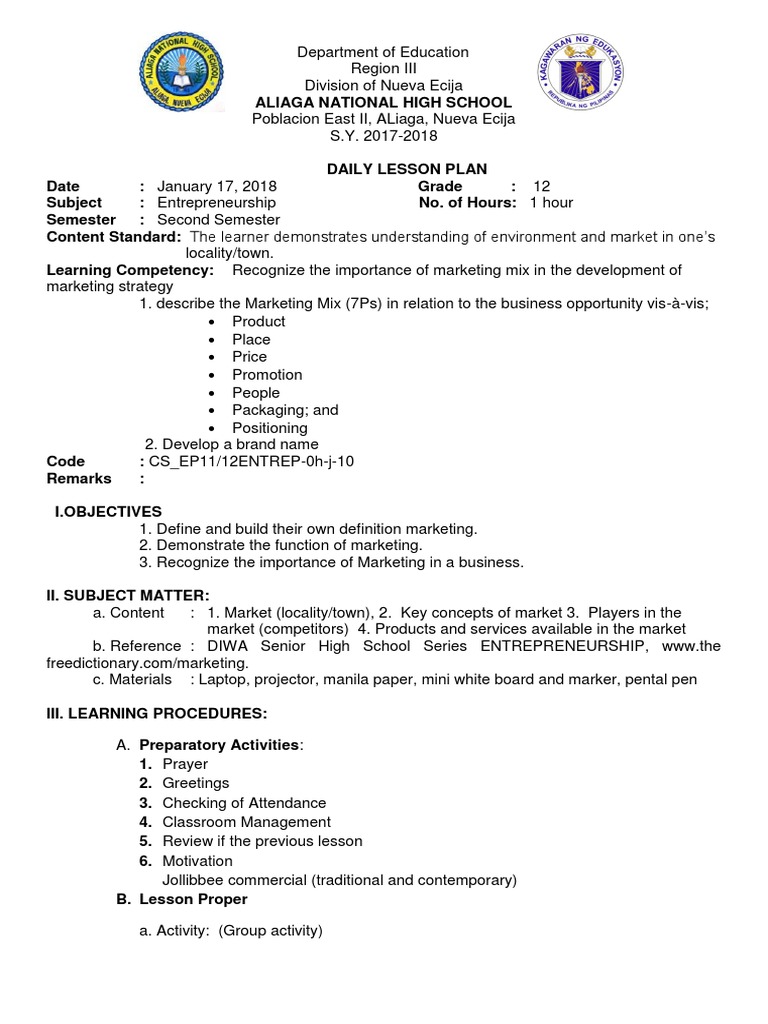 Intro To Marketing | PDF | Marketing | Lesson Plan