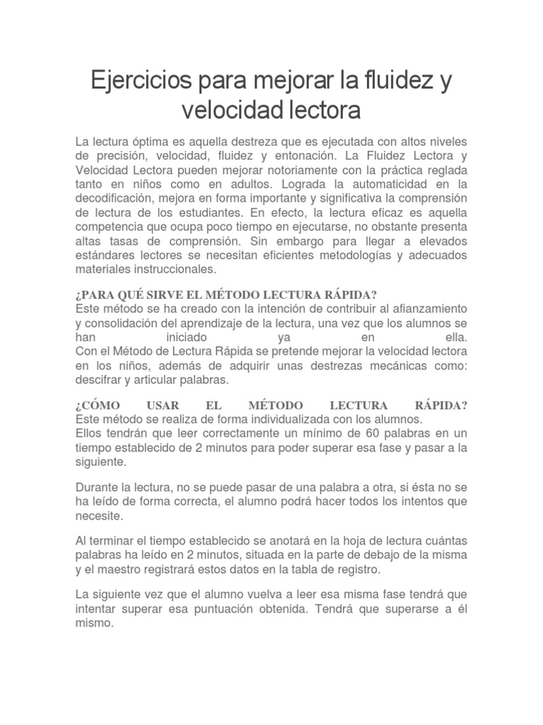 Ejercicios Para Mejorar La Fluidez y Velocidad Lectora | Comprensión ...