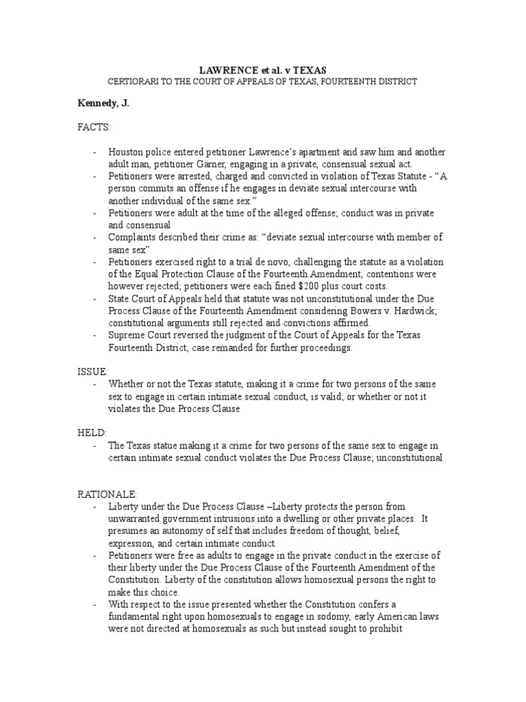 Lawrence V Texas | PDF | Bowers V. Hardwick | Fourteenth Amendment To ...