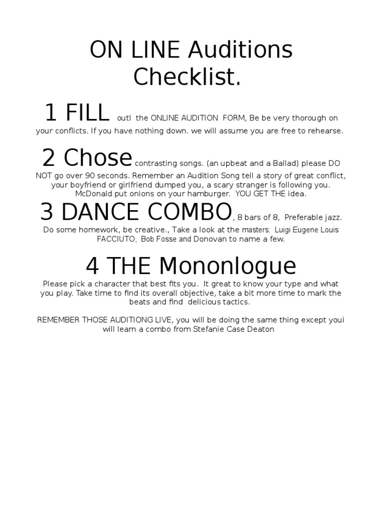 ON LINE Auditions Checklist. 1 Fill 2 Chose 3 Dance Combo 4 THE ...