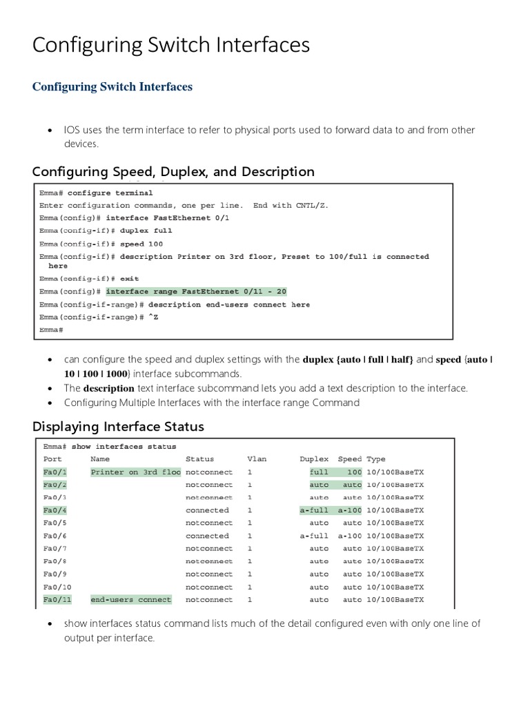 CCNA Configuring Switch Interfaces | PDF | Network Switch | Network Protocols