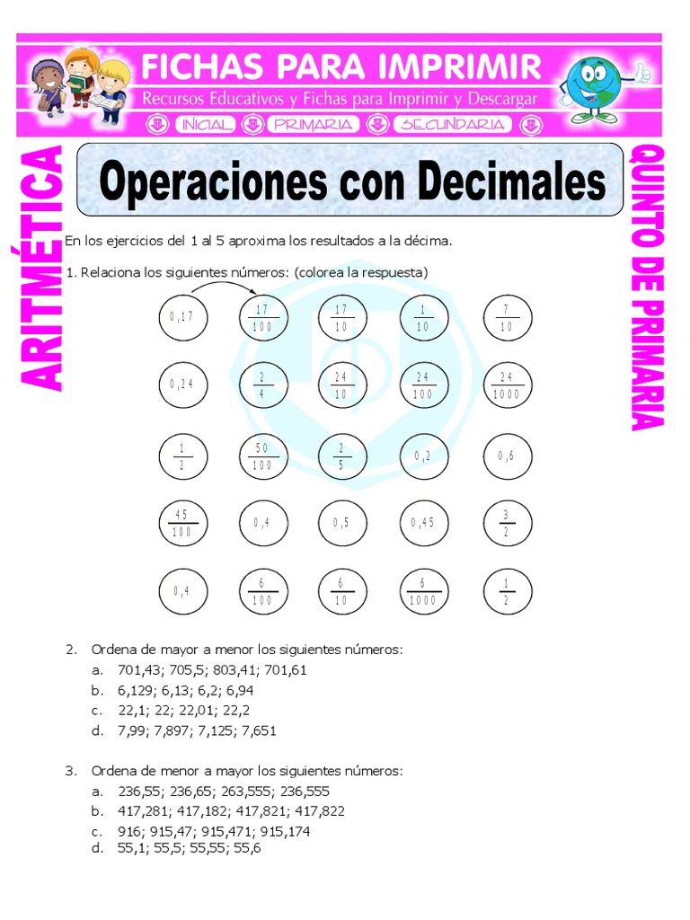 Operaciones Con Decimales para Quinto de Primaria | PDF | Enseñanza de ...