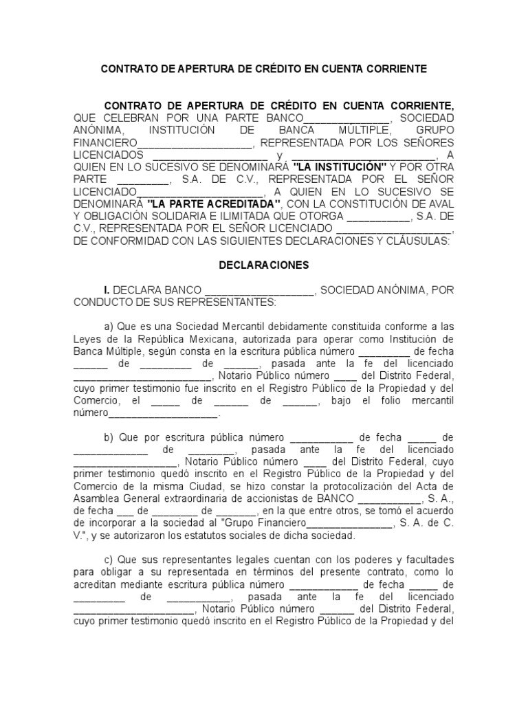 Contrato De Apertura De Crédito En Cuenta Corriente Pdf Interés