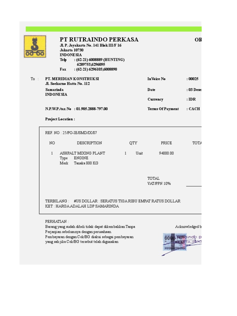Invoice Alat Berat PT Rutraindo Perkasa | PDF
