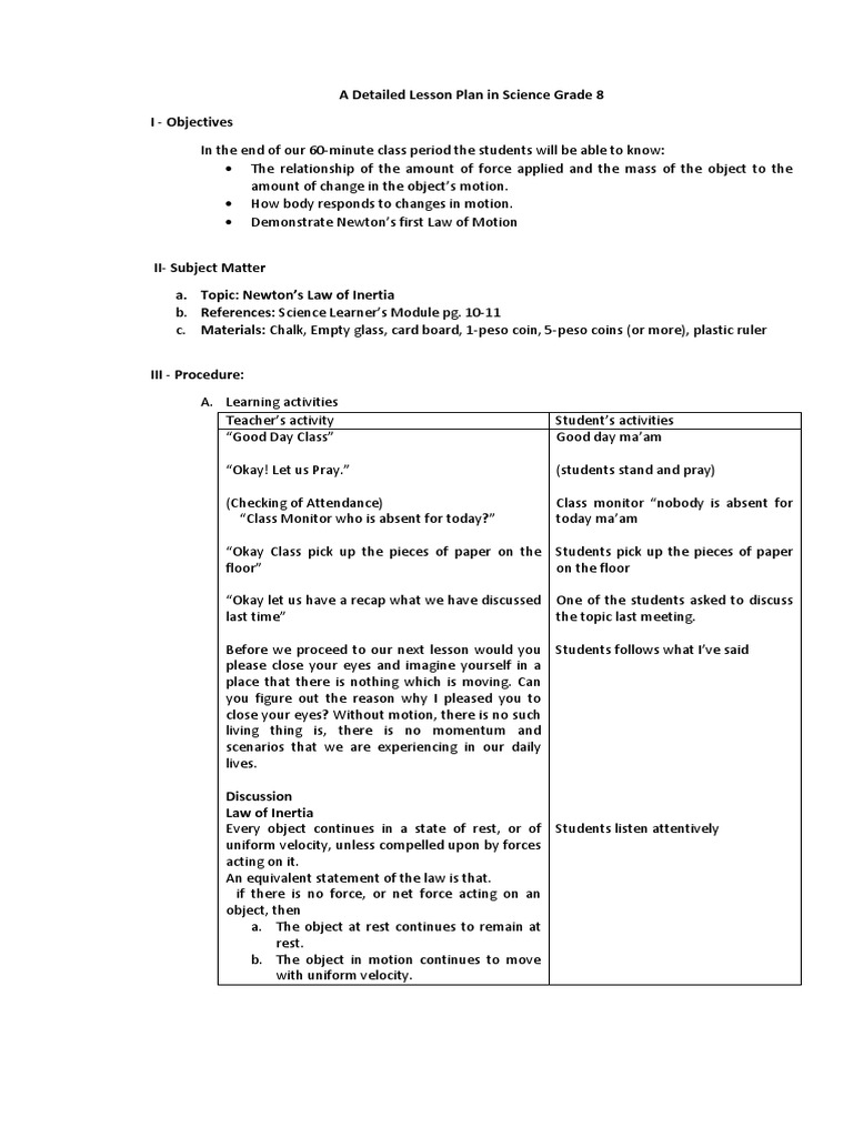 A Detailed Lesson Plan in Science Grade 8 I - Objectives | PDF ...