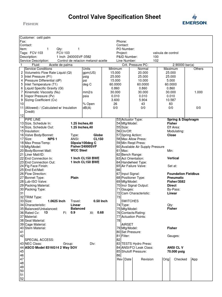 Control Valve Specification Sheet | PDF | Valve | Pressure