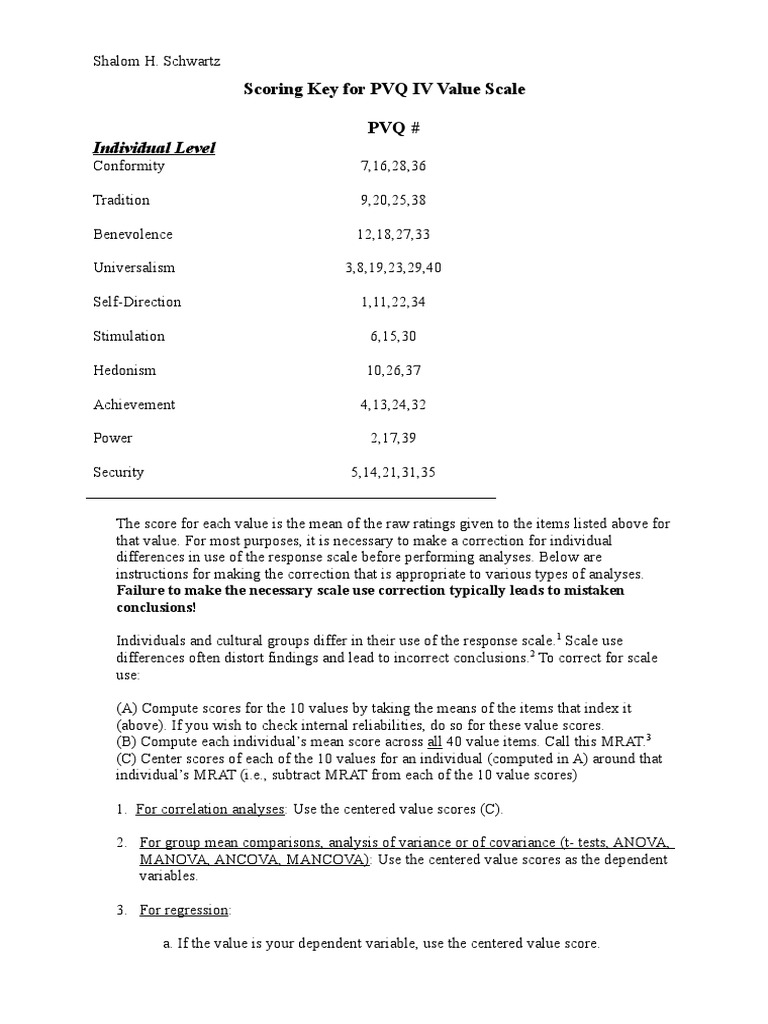 Individual Level: Scoring Key For PVQ IV Value Scale PVQ # | PDF ...