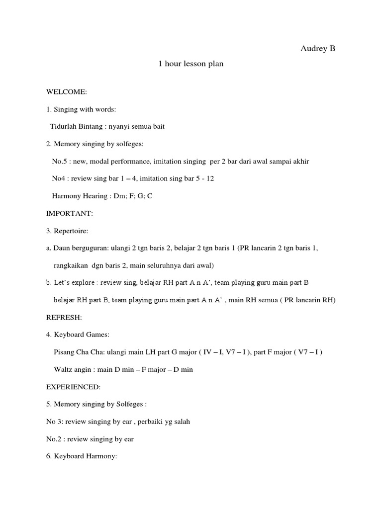 1 Hour Lesson Plan | PDF | Music Theory | Performing Arts