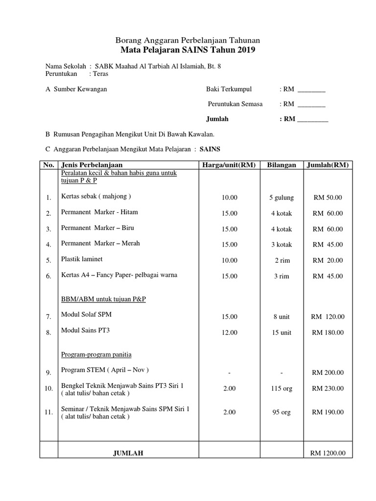Borang Anggaran Perbelanjaan Tahunan Panitia | PDF