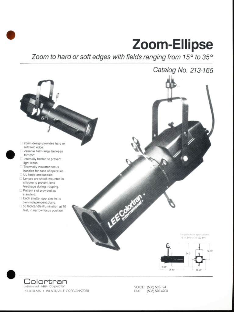 Colortran Zoom-Ellipse Spec Sheet 1995 | PDF | Zoom Lens | Lens (Optics)