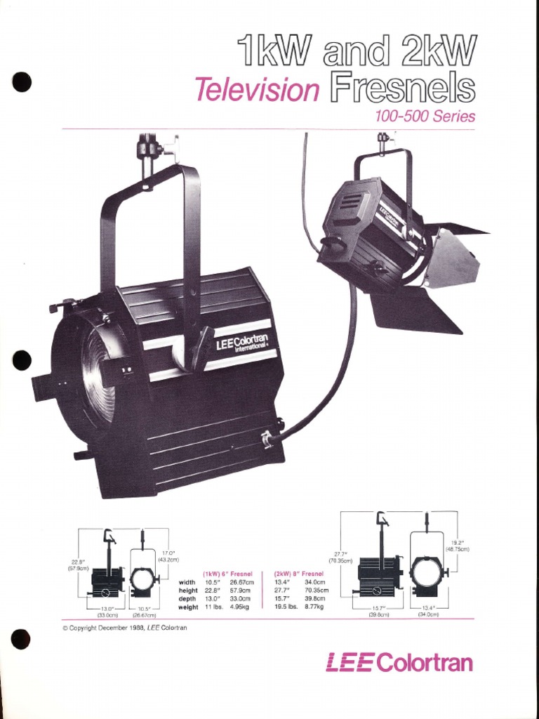 Lee Colortran 1kW & 2kW Television Fresnels Spec Sheet 1988 | PDF ...