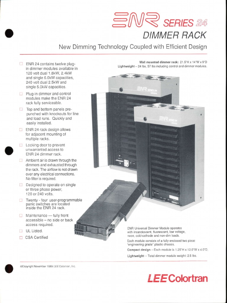Lee Colortran ENR Series 24 Dimmer Rack Spec Sheet 1989 | PDF | Manufactured Goods | Light