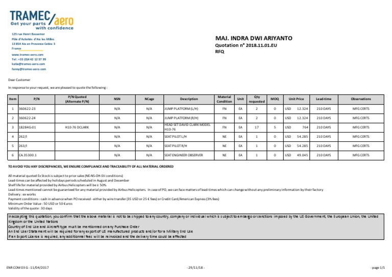Tramec Aero France Quotation Details | PDF | Business