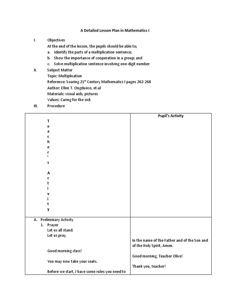 Grade 1 Math: Multiplication Lesson Plan | PDF | Subtraction ...