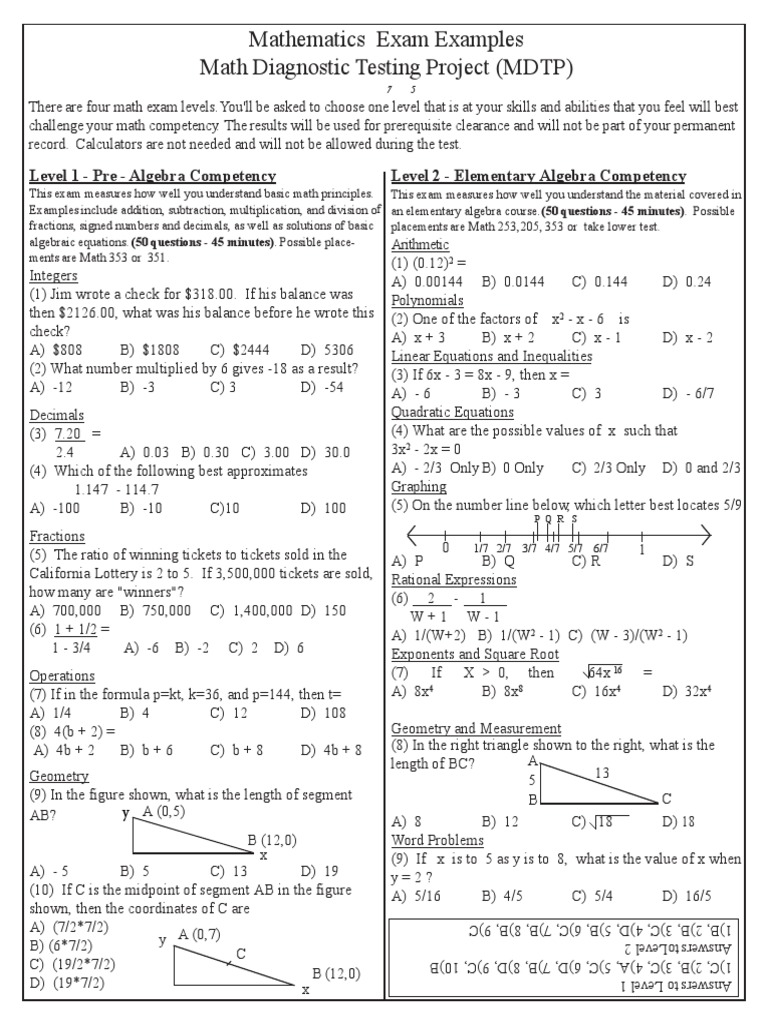 Mathematics Exam Examples Math Diagnostic Testing Project (MDTP) | PDF ...