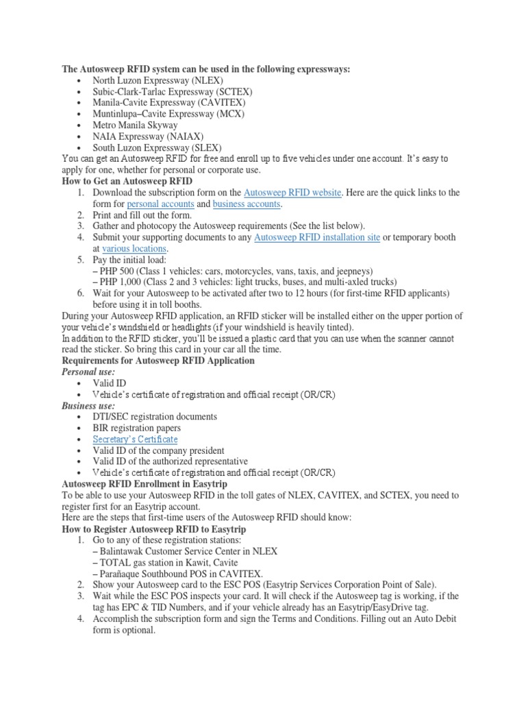 The Autosweep RFID System Can Be Used in The Following Expressways ...