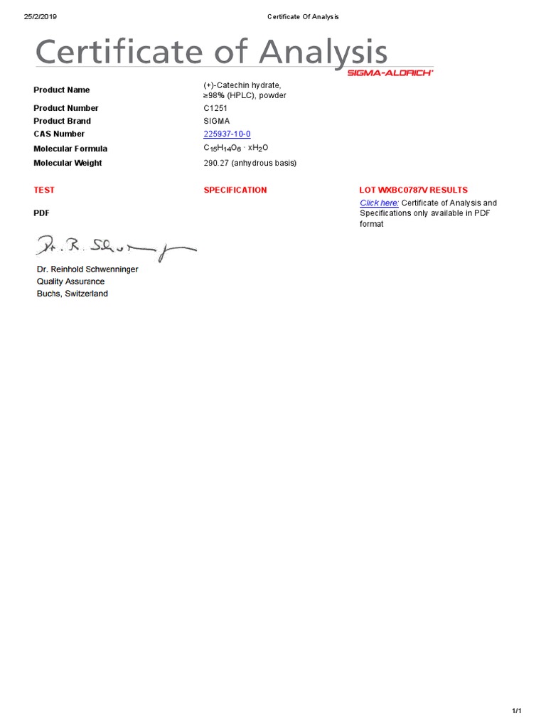 Sigma Aldrich COA for (+)-Catechin | PDF