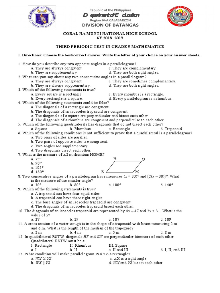 Grade 9 Math 3rd Quarter Exam PDF | PDF | Rectangle | Triangle