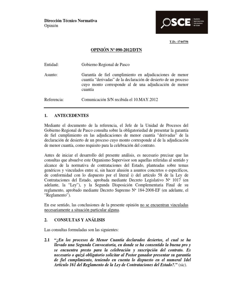 Opinión OSCE 090-12-2012 - Garantías de Fiel Cumplimiento | PDF | Regulación | Justicia