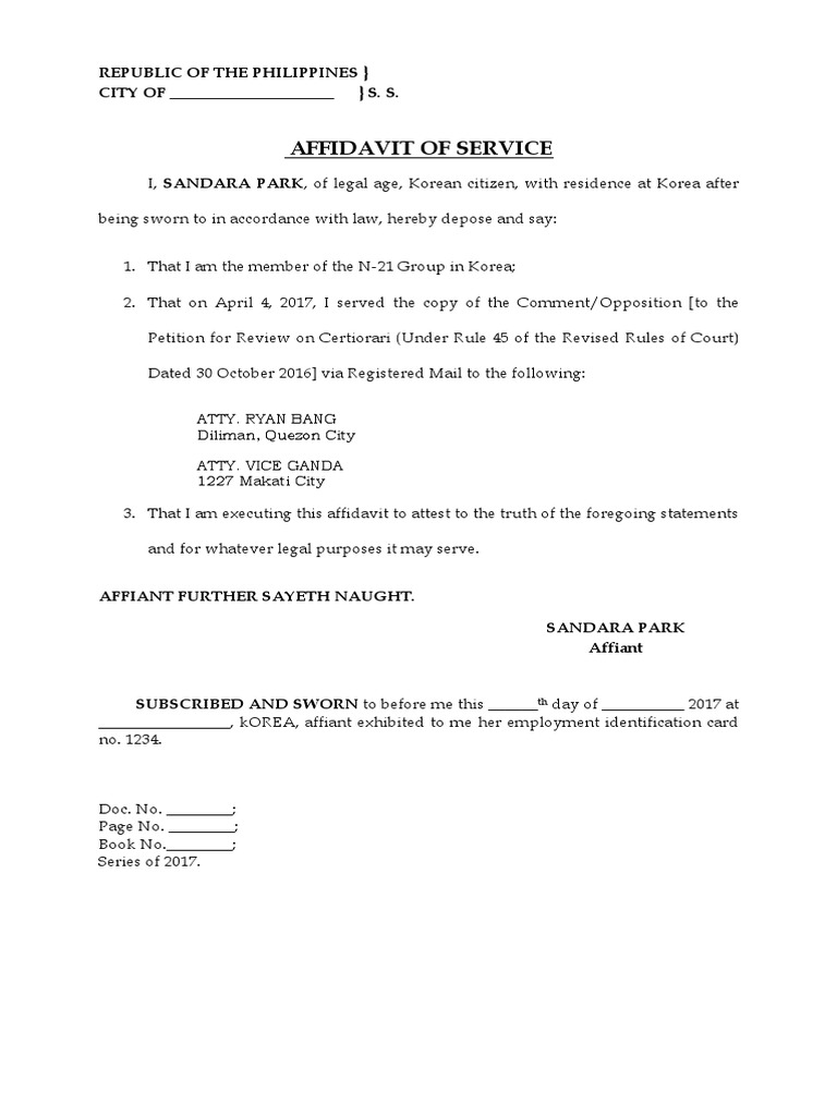 Affidavit of Service by Sandara Park | PDF | Law