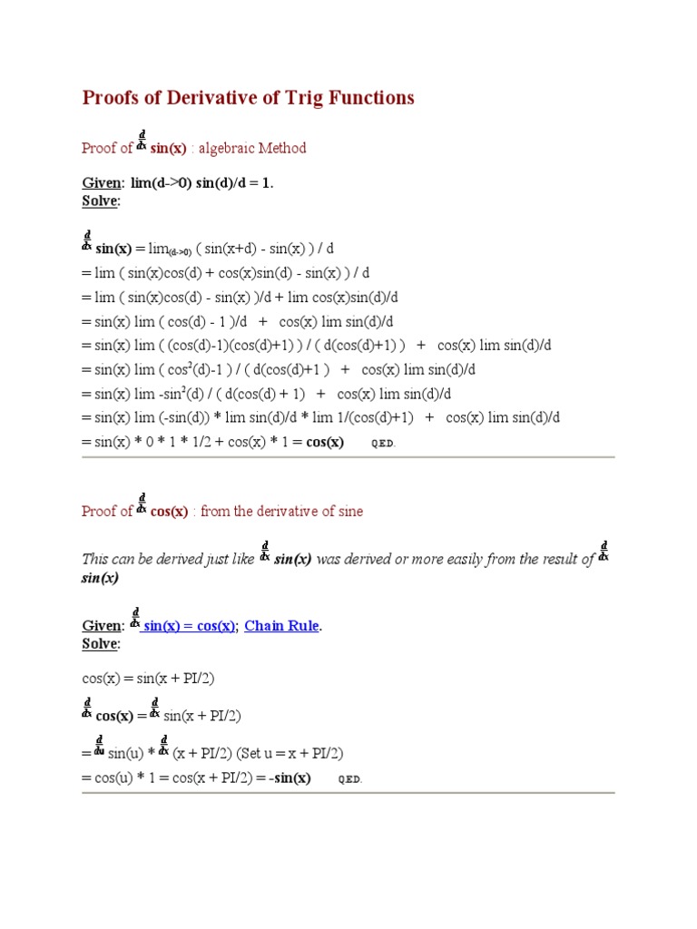 Proofs of Derivative of Trig Functions | Download Free PDF | Trigonometric Functions | Functions ...