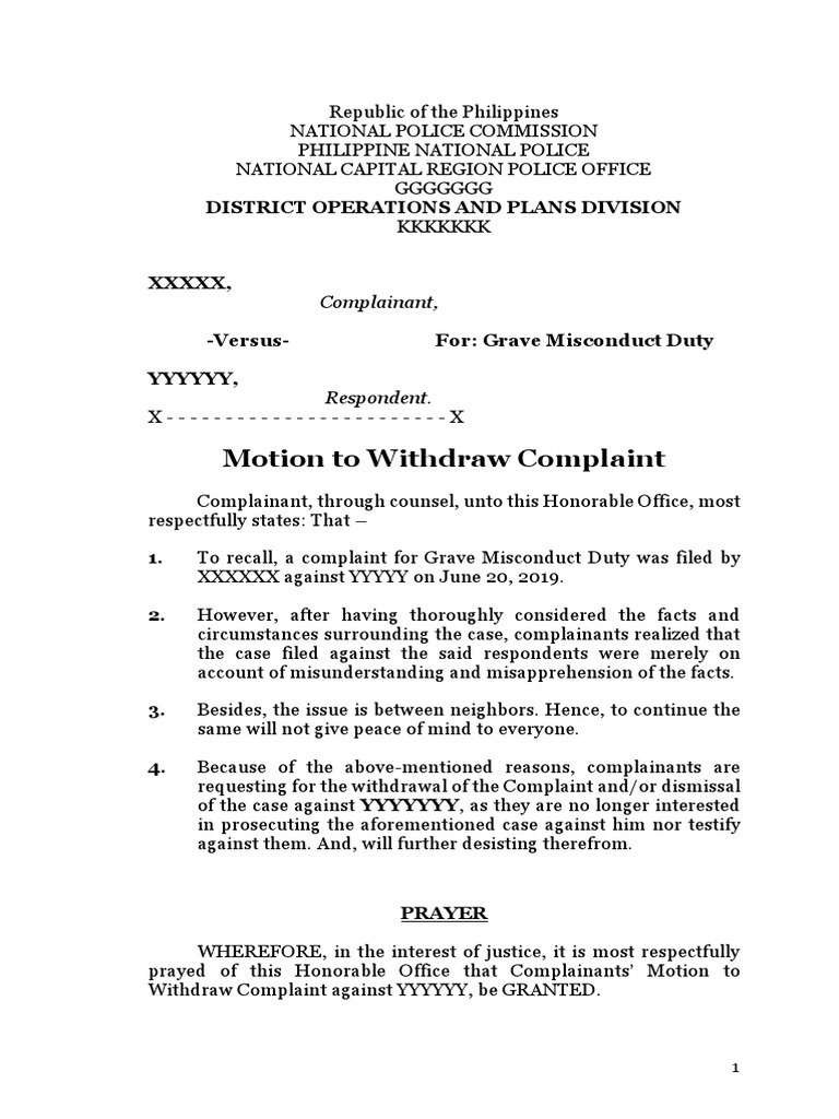 WIthdrawal of Complaint | PDF | Complaint | Crime & Violence