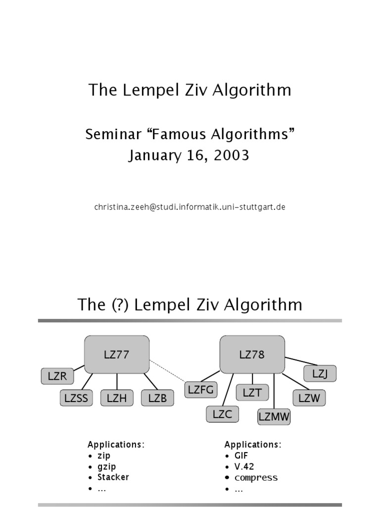 The Lempel Ziv Algorithm: Seminar "Famous Algorithms" January 16, 2003 ...