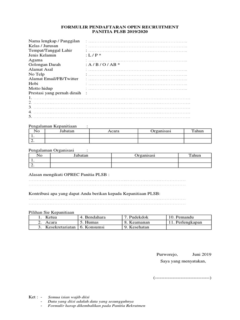 Formulir Pendaftaran OPREC PLSB 2019/2020 | PDF | Bisnis