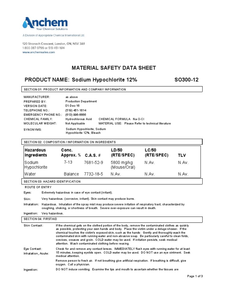PRODUCT NAME: Sodium Hypochlorite 12% SO300-12 Material Safety Data ...