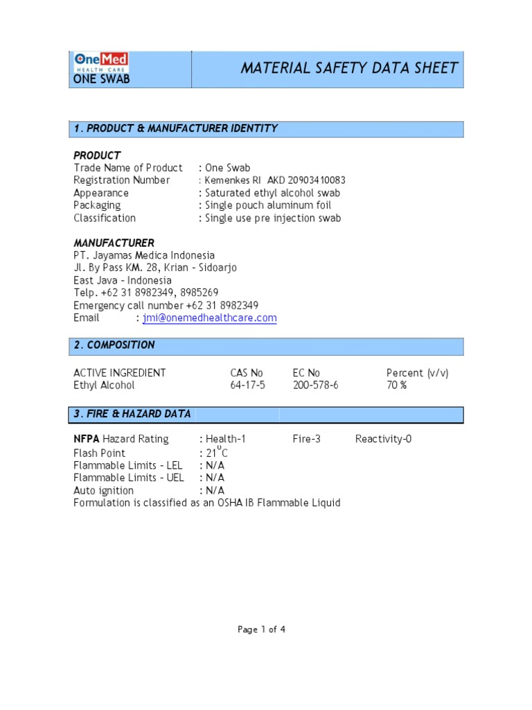 MSDS One Swab PDF | PDF | Chemical Substances | Materials