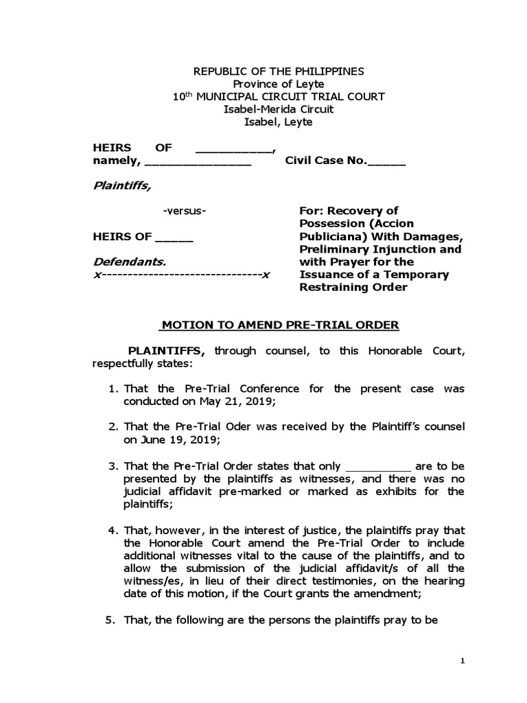 Motion To Amend Pre-Trial - Abc | PDF | Subpoena Duces Tecum | Courts