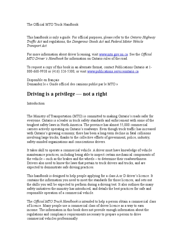 The Official MTO Truck Handbook | PDF | Semi Trailer Truck | Driver's ...