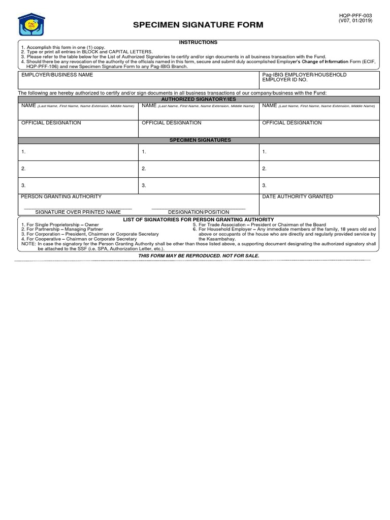 HDMF-PFF003 SpecimenSignatureForm V07 | PDF | Signature | Social ...