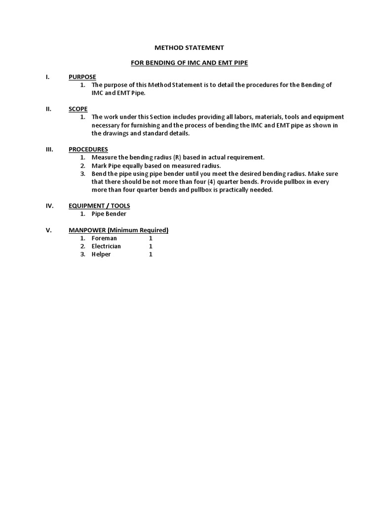 Method Statement For Bending of Imc and Emt Pipe2 | PDF