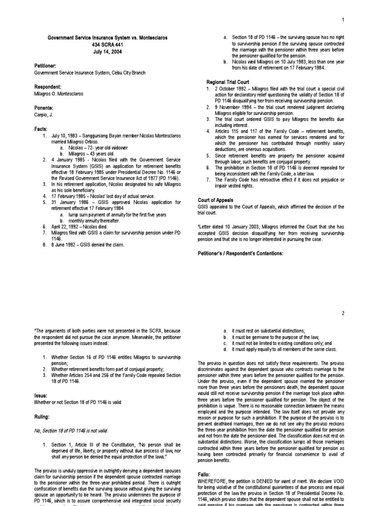 Government Service Insurance System vs. Montesclaros | PDF | Pension ...