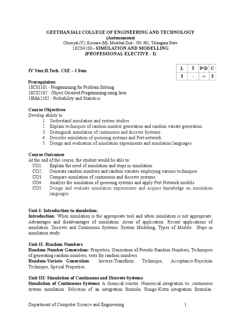 Simulation And Modelling R18 Syllabus 19 06 2019 Pdf Randomness Simulation