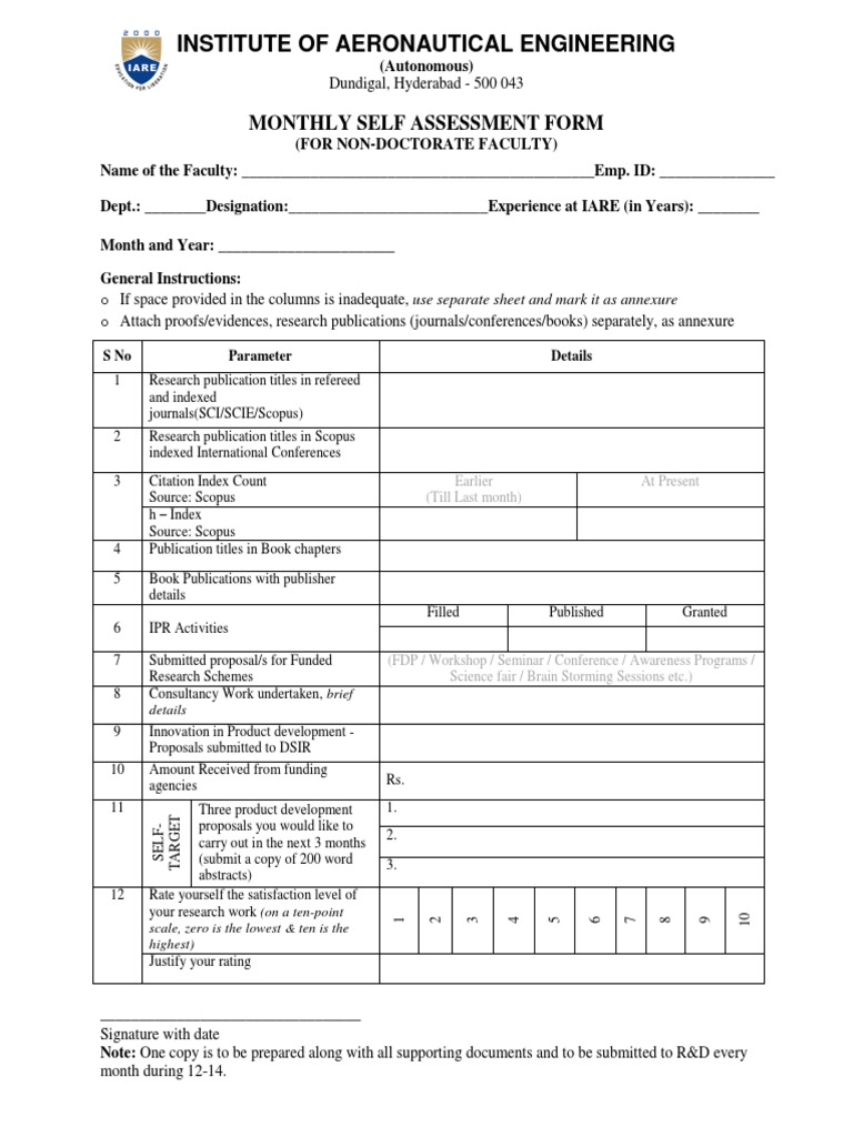 Institute of Aeronautical Engineering: Monthly Self Assessment Form ...