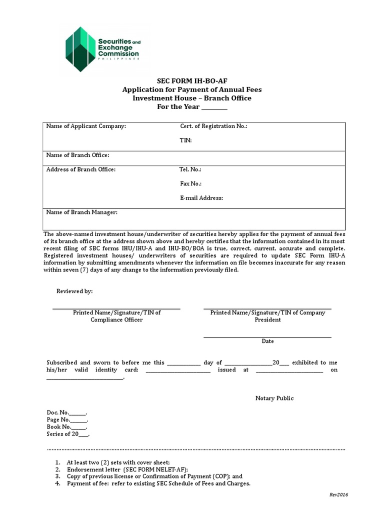 Sec Form Ih-Bo-Af Application For Payment of Annual Fees Investment ...
