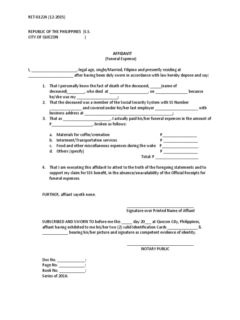 Affidavit Funeral Expense Claim | PDF | Affidavit | Document