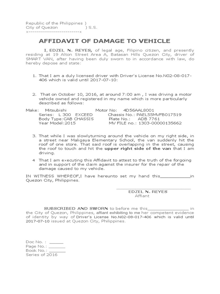 Affidavit of Damage To Vehicle | PDF