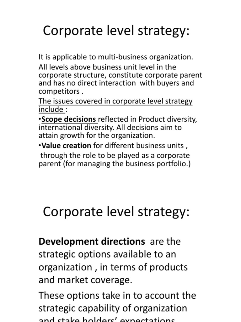 Corporate Level Strategy Overview | PDF | Diversification (Finance ...