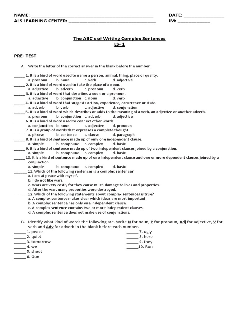ABC's of Writing Complex Sentences | PDF | Subject (Grammar) | Clause