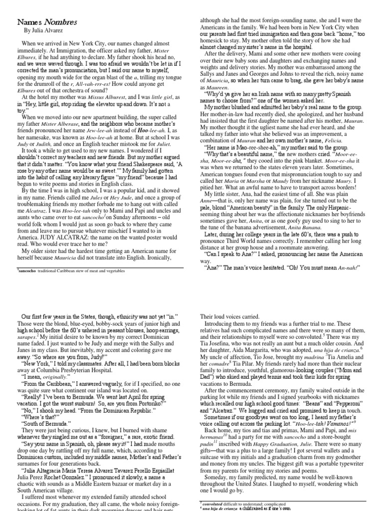 Names Nombres by Julia Alvarez | PDF