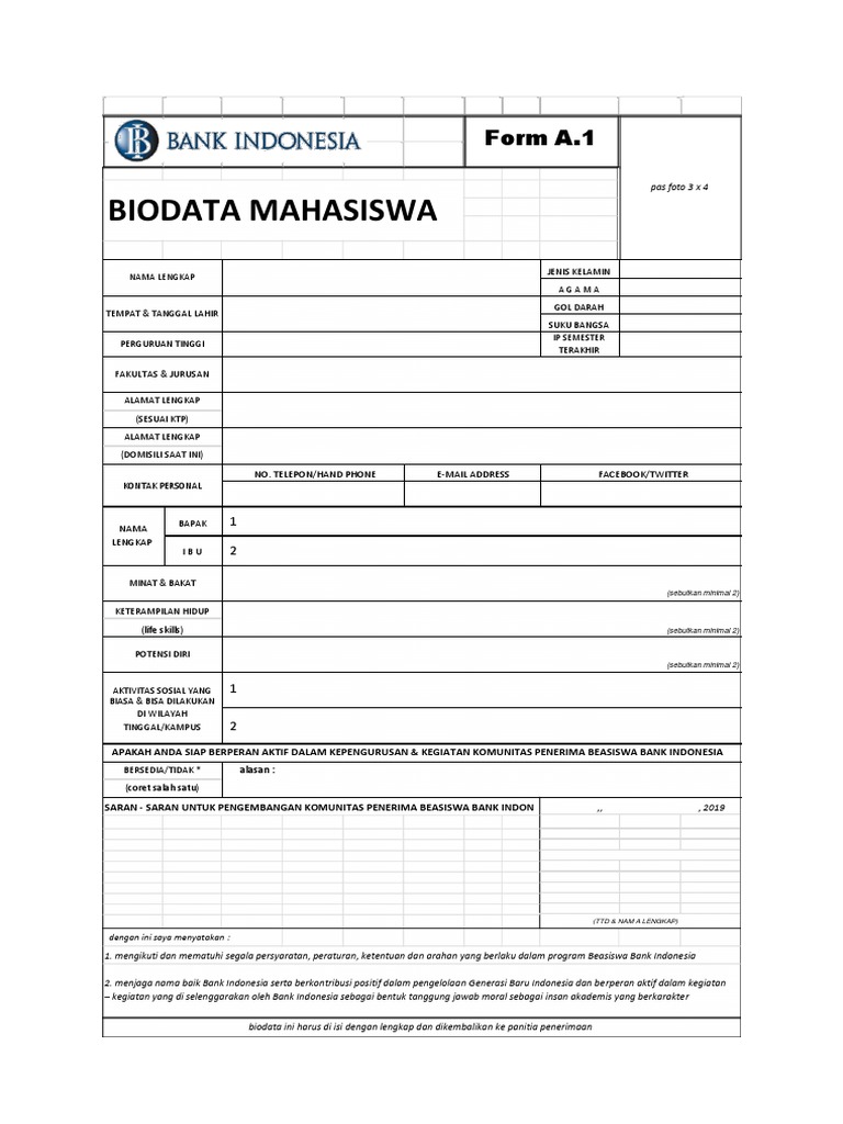 Form A1 Pendaftaran Beasiswa BI 2019 | PDF