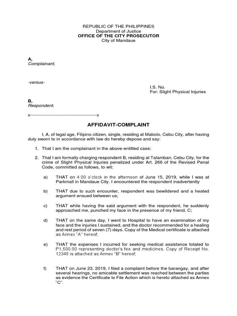 Affidavit Complaint Slight Physical Injury | PDF | Affidavit | Crime ...
