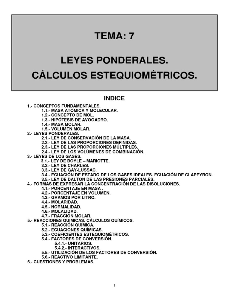 Leyes Ponderales. Cálculos Estequiométricos | PDF | Mole (Unidad) | Concentración