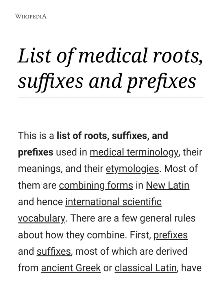 List of Medical Roots, Suffixes and Prefixes - Wikipedia PDF | PDF ...