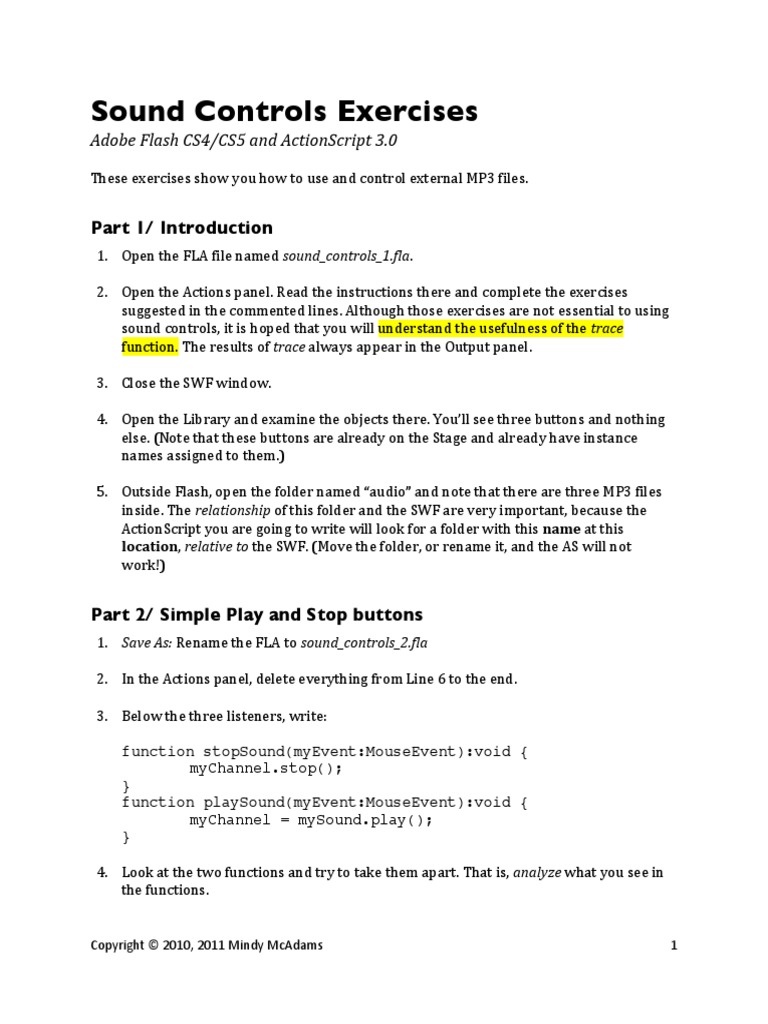 Sound Controls Exercises: Adobe Flash Cs4/Cs5 and Actionscript 3.0 | PDF | Action Script ...