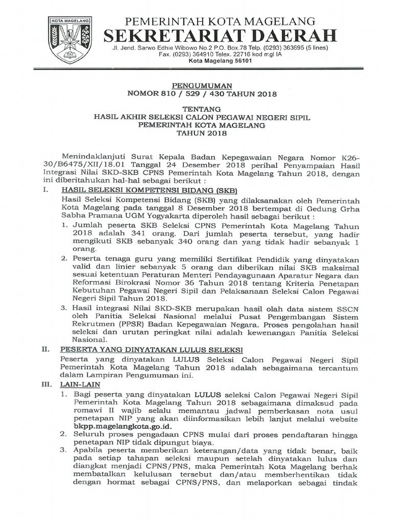Hasil Seleksi CPNS Magelang 2018 | PDF