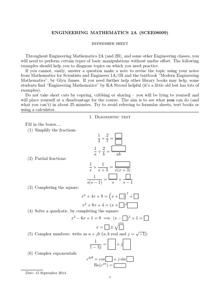 Engineering Mathematics 2A (Scee08009) : Refresher Sheet | PDF | Sine ...